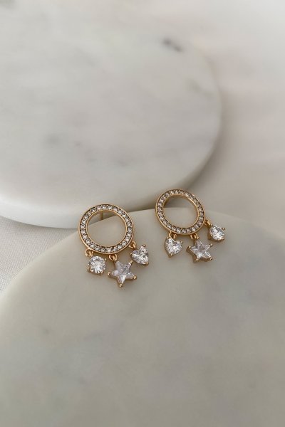 Özel Seri Zirkon Taşlı Daire Model Yıldız Sallantılı Küpe İpekŞekerciler