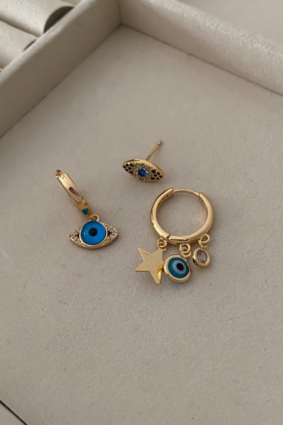 Özel Seri Yıldız Tek Taş Detay Nazarlı Göz Set Küpe | İpekŞekerciler