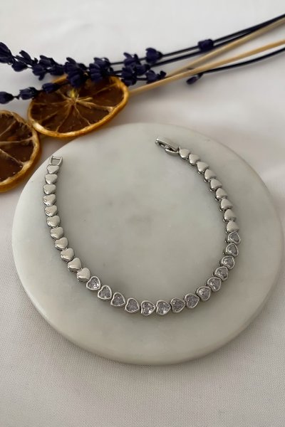 Özel Seri Zirkon Taş Ve Plaka Kalp Sıralı Bileklik (19 Cm) | İpekŞekerciler
