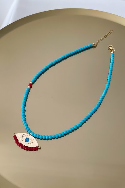 Mavi Boncuk Sıralı Göz Nazar Uçlu Kırmızı Boncuk Detay Kolye (46 Cm ...