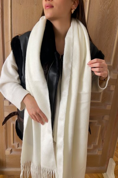 Püsküllü Krem Renk Puf Şal | İpekŞekerciler